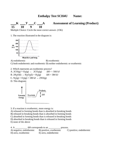 Test ENTHALPY UNIT TEST Grade 12 Chemistry Unit TEST WITH ANSWERS Ver ...