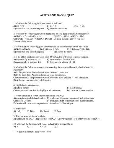 QUIZ ACIDS and BASES QUIZ (15 multiple choice WITH ANSWERS) Chemistry Quiz | Teaching Resources