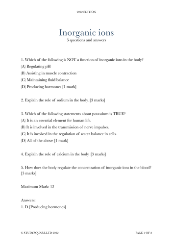 Inorganic ions for AQA A-level Biology (Questions + Answers) | Teaching ... Inorganic ions for AQA A-level Biology (Questions + Answers) | Teaching ...