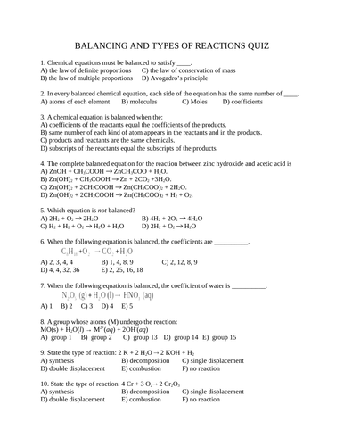 QUIZ BALANCING EQUATIONS and TYPE OF REACTIONS QUIZ 15 multiple choice ...