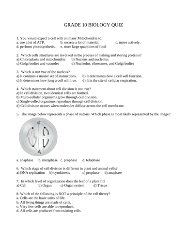 Grade 10 BIOLOGY QUIZ Grade 10 Science Quiz (15 Multiple Choice WITH ...