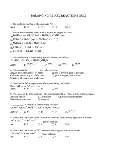 REDOX REACTIONS and Balancing Redox Reaction QUIZ (15 multiple choice ...