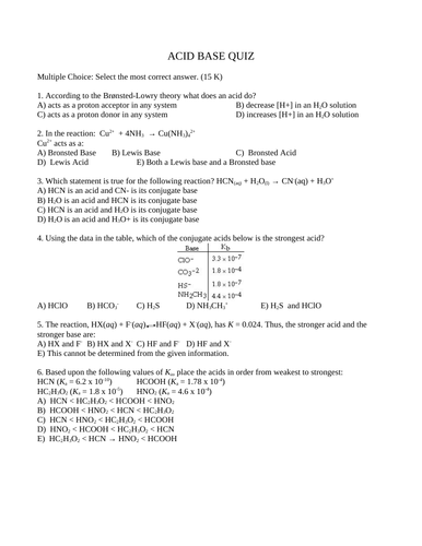 ACID BASE QUIZ Grade 12 Chemistry Quiz (15 Multiple Choice WITH ANSWERS ...