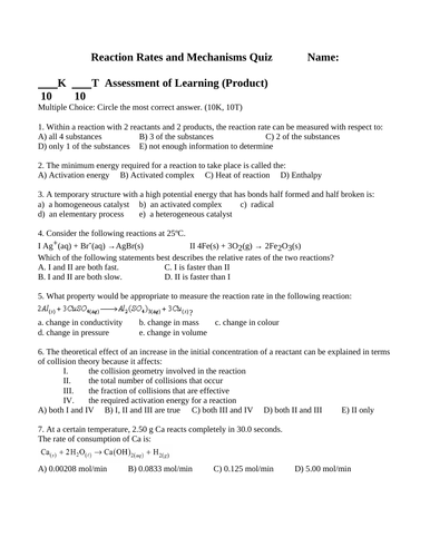 QUIZ RATE OF REACTION Quiz Grade 12 Chemistry Quiz WITH ANSWERS Ver. #8 ...