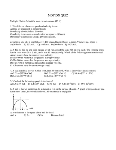 MOTION QUIZ Kinematics Quiz Grade 11 Physics (15 Multiple Choice WITH ...
