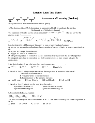 TEST RATE OF REACTIONS Test Grade 12 Chemistry Unit TEST WITH ANSWERS ...