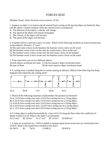 FORCE QUIZ Dynamics Quiz Grade 11 Physics Quiz (15 Multiple Choice WITH ...