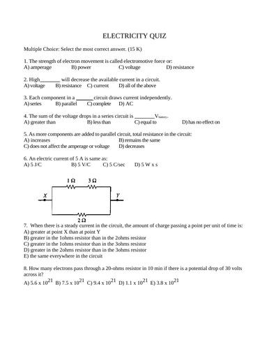 QUIZ ELECTRICITY Quiz Grade 11 Physics Quiz (15 Multiple Choice WITH ...