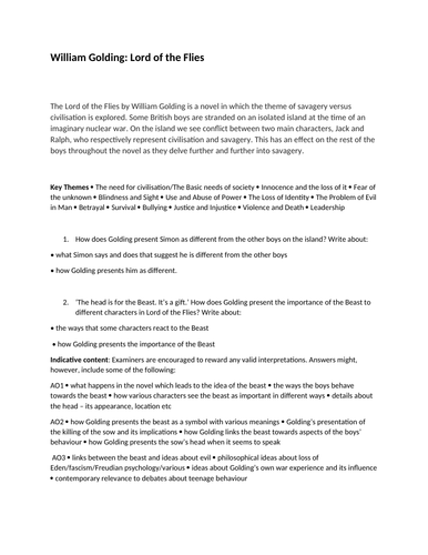 Lord of the Flies - GCSE ENGLISH LITERATURE - bank of essay questions ...