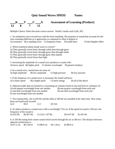 QUIZ SOUND WAVES Quiz Grade 11 Physics Quiz WITH ANSWERS Ver. #8 ...