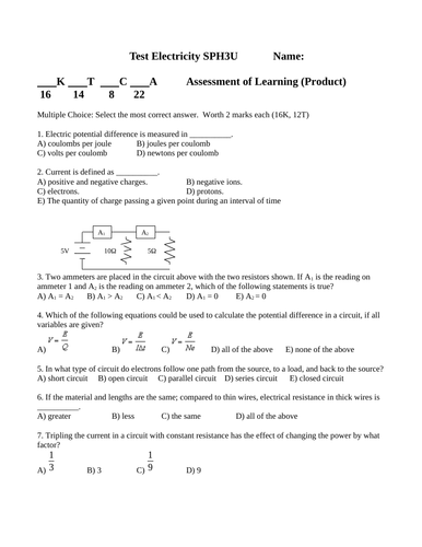 TEST ELECTRICITY Test Current Voltage Test Grade 11 Physics WITH ...