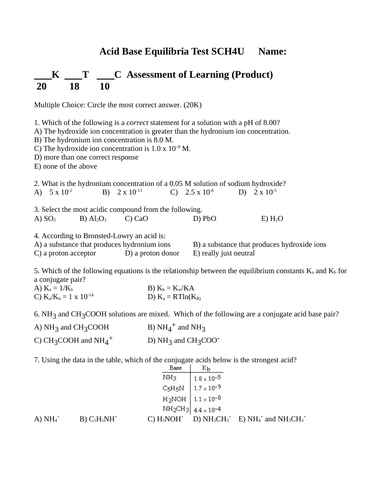 TEST ACID BASE EQUILIBRIUM Test Ka Kb Ksp Grade 12 Chemistry Test WITH ...