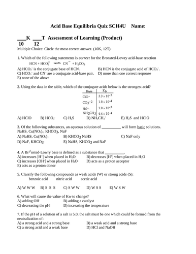Ka and Kb QUIZ ACID BASE EQUILIBRIA QUIZ Grade 12 Chemistry Quiz WITH ANSWERS #8 | Teaching ...