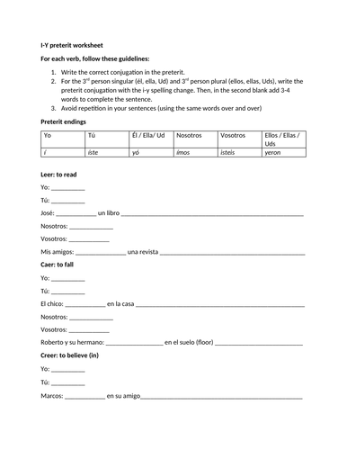 I-Y preterit verbs tiny practice | Teaching Resources