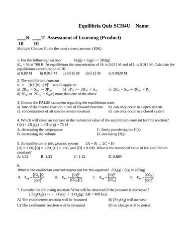 QUIZ EQUILIBRIA Quiz Grade 12 Chemistry Equilibrium Quiz WITH ANSWERS ...