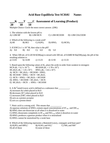 TEST ACID BASE EQUILIBRIA Test Ka Kb and Ksp Grade 12 Chemistry Test ...
