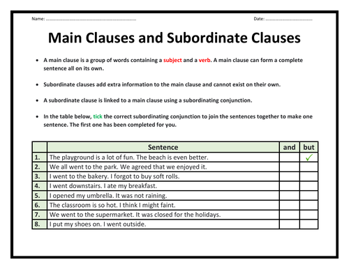 Subordinate Clause Worksheet