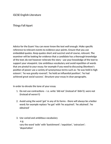 Teacher Resource iGCSE ENGLISH LITERATURE essay guidance Things Fall ...