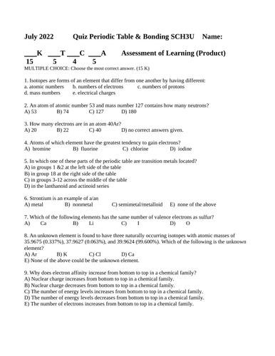 QUIZ Bonding Quiz Periodic Table Quiz Grade 11 Chemistry Quiz WITH ...