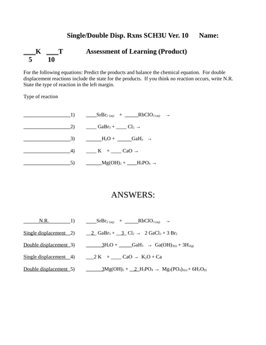 REACTION QUIZ Grade 11 Chemistry Quiz Single and Double Displacement ...