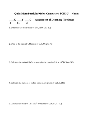MOLES QUIZ Mole Mass Molecules Quiz Grade 11 Chemistry Quiz WITH ...