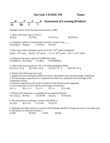 TEST STOICHIOMETRY Chemistry Test Grade 11 Chemistry Test WITH ANSWERS ...