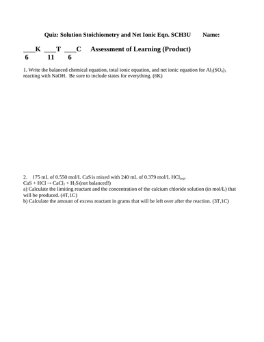 SOLUTION STOICHIOMETRY QUIZ Grade 11 Chemistry Solutions Quiz WITH ...