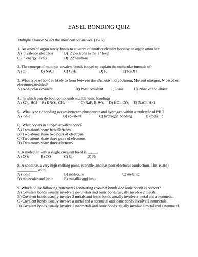 BONDING UNIT QUIZ Bonding Quiz Chemical Bonding Chemistry Quiz WITH ...