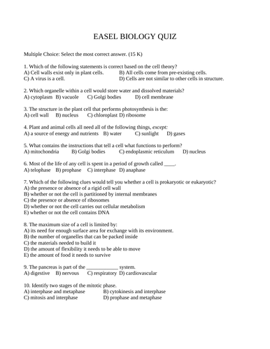 QUIZ BIOLOGY UNIT Biology Unit Quiz Multiple Choice Biology Quiz WITH ...