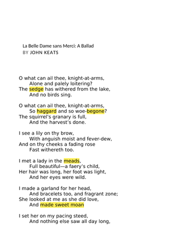 GCSE REVISION NOTES "LA BELLE DAME SANS MERCI" ENGLISH LITERATURE ...