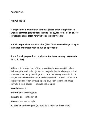 GCSE FRENCH A* - prepositions and their meanings | Teaching Resources