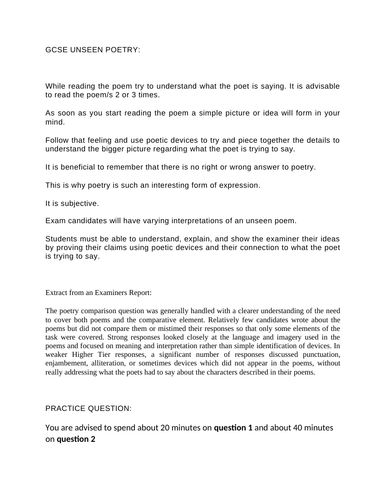 A* WJEC ENGLISH LITERATURE UNSEEN POETRY - practice question with ...