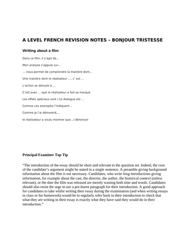 TEACHER RESOURCE A LEVEL FRENCH - Bonjour Tristesse | Teaching Resources