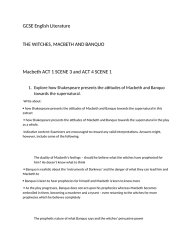 a COLLECTION OF EXAM QUESTIONS ON GCSE "MACBETH" the witches scene ...