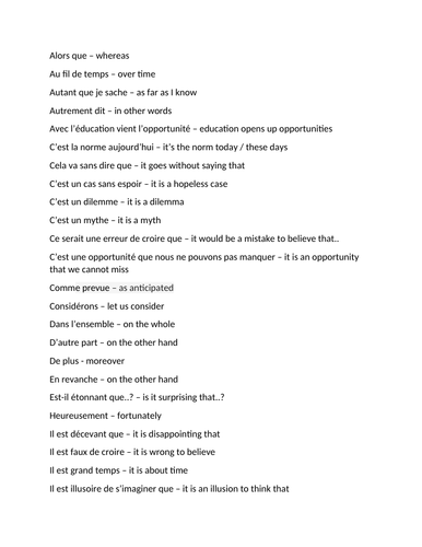French A LEVEL REVISION RESOURCE - phrases for essay writing | Teaching ...