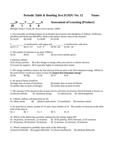 TEST BONDING AND PERIODIC TABLE UNIT TEST Grade 11 Chemistry WITH ...
