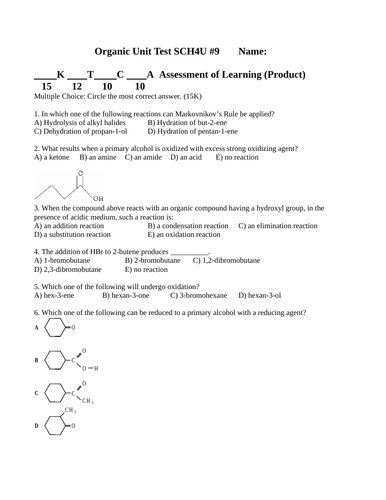ORGANIC CHEMISTRY UNIT TEST Organic Compounds Grade 12 Chemistry WITH ...