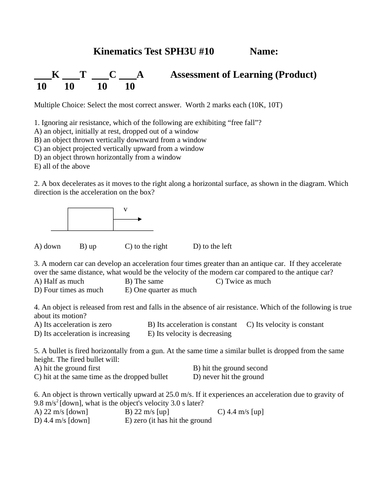 KINEMATIC EQUATIONS TEST Motion Test Grade 11 Physics Test WITH ANSWERS ...