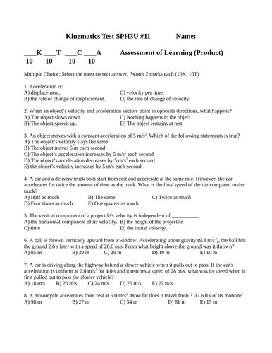 KINEMATICS TEST Motion Acceleration Test Grade 11 Physics Test WITH ...