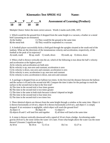 KINEMATICS UNIT TEST Accelerated Motion Test Grade 11 Physics WITH ...