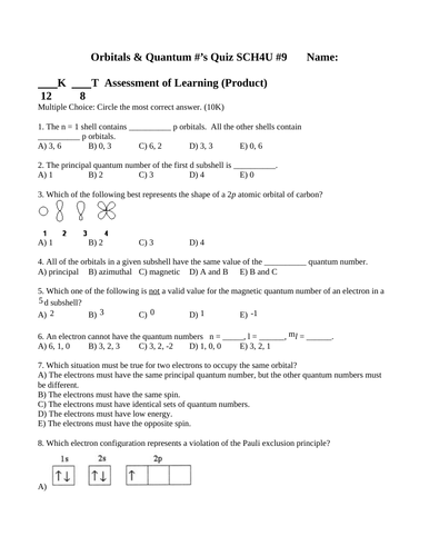 QUIZ QUANTUM NUMBERS AND ORBITALS Quiz Grade 12 Chemistry Quiz WITH ...