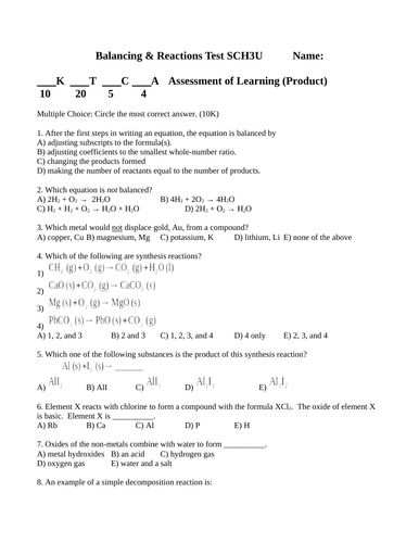 BALANCING CHEMICAL EQUATIONS & REACTIONS TEST Grade 11 Chemistry WITH ...