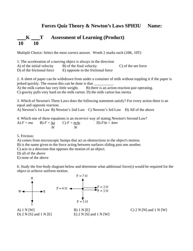 NEWTON'S 3 LAWS QUIZ Forces Quiz Dynamics Quiz Physics Quiz WITH ...