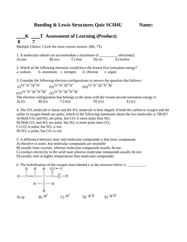 CHEMISTRY BONDING QUIZ Lewis Structures Resonance Hybridization WITH ...