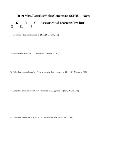 MOLES QUIZ Mass Mole and Particles Quiz Grade 11 Chemistry Quiz WITH ...