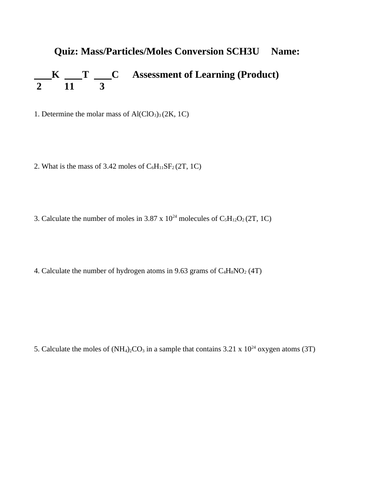 MOLES QUIZ mols, grams, molecules Grade 11 Chemistry Quiz WITH ANSWERS ...
