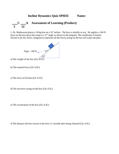 INCLINE PLANE QUIZ Forces Quiz Dynamics Grade 11 Physics Quiz WITH ...