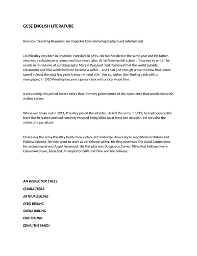 A* revision notes An Inspector Calls GCSE ENGLISH LITERATURE | Teaching ...