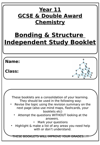GCSE Chemistry Independent Study Booklet Bonding | Teaching Resources
