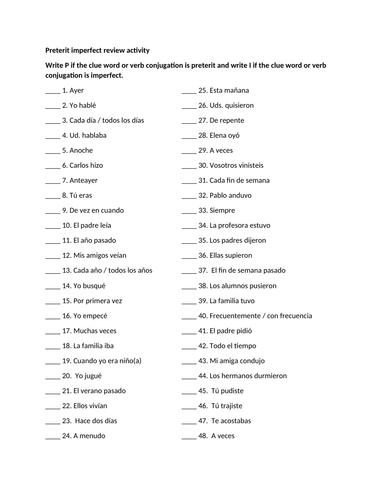 Preterit imperfect review activity (Clue words) | Teaching Resources